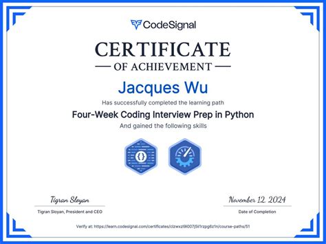 Path Certificate For Four Week Coding Interview Prep In Python Chieh
