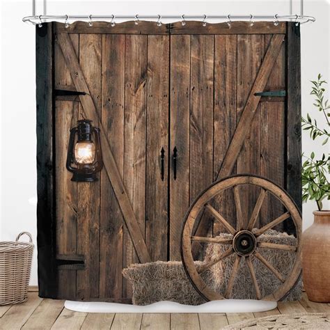 Riyidecor Rustic Barn Door Shower Curtain 72wx72h Inch Farmhouse