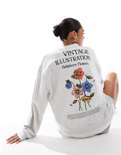 Asos Design Oversized Sweatshirt With Floral Print In Grey Marl Asos