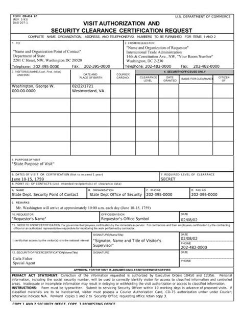 Visit Authorization And Security Clearance Certification Request