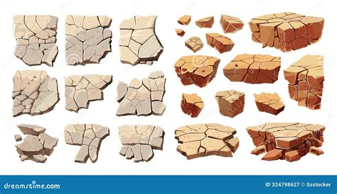 Earth Fragments Cartoon Vector Set Rock Cracks Drought Rift Split Soil