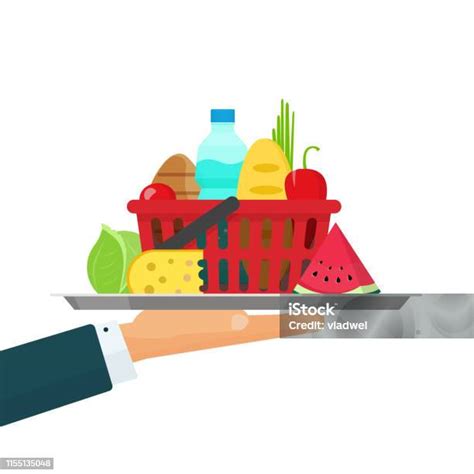 웨이터의 손 트레이와 함께 식료품 음식 벡터 일러스트 레이 션 평면 만화 사람 운반 접시와 함께 식사 고립 된 클립 아트 아이콘에 대한 스톡 벡터 아트 및 기타 이미지