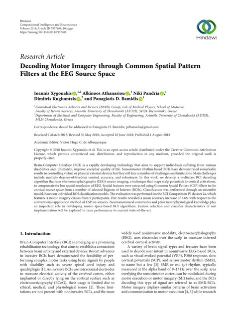Pdf Decoding Motor Imagery Through Common Spatial Pattern Filters At The Eeg Source Space