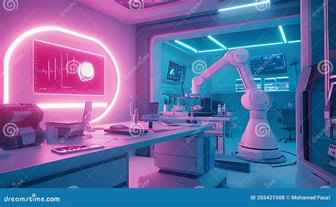 Futuristic Lab With Robotic Arm Neon Lights And Medical Equipment Stock Illustration