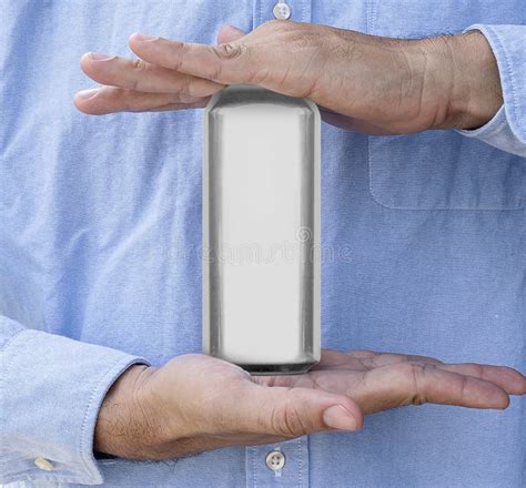 Man Wear Blue Shirt Hand Hold Mockup Shiny Aluminum Can On Blue