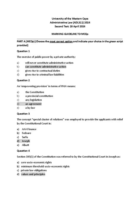 Marking Guideline To MCQs Test April University Of The Western Cape Administrative