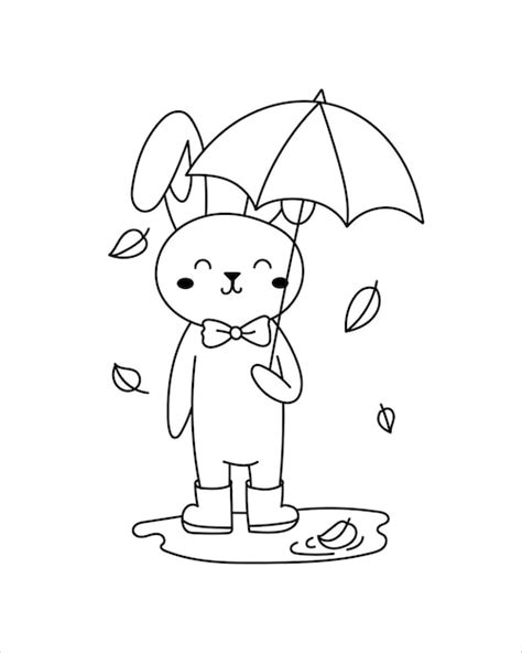 토끼의 무색 윤곽 그림 우산 아래 웅덩이에 고무 장화에 귀여운 만화 토끼 프리미엄 벡터