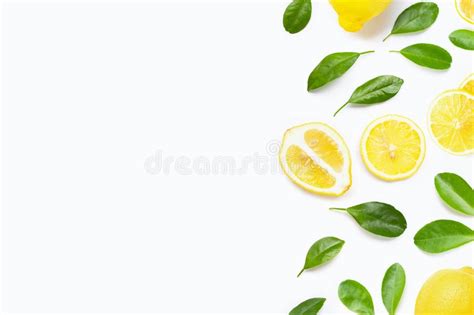 Fresh Lemon With Green Leaves On White Stock Image Image Of Bunch