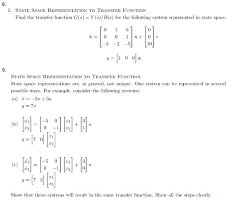 Solved 8 1 State Space Representation To Transfer Function