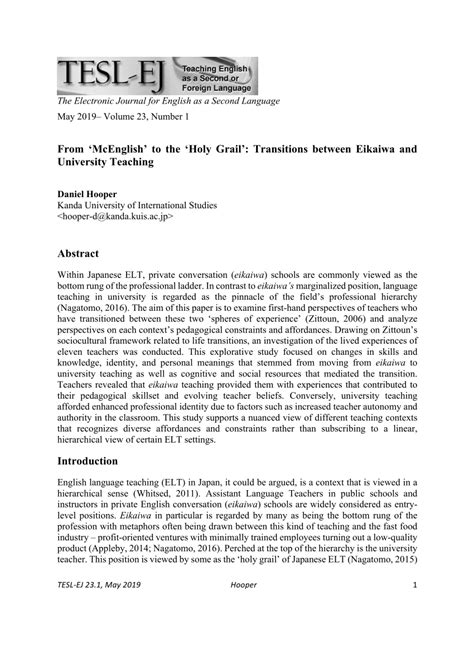 Pdf From Mcenglish To The Holy Grail Transitions Between Eikaiwa And University Teaching