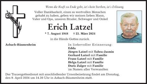 Traueranzeigen Von Erich Latzel Augsburger Allgemeine Zeitung