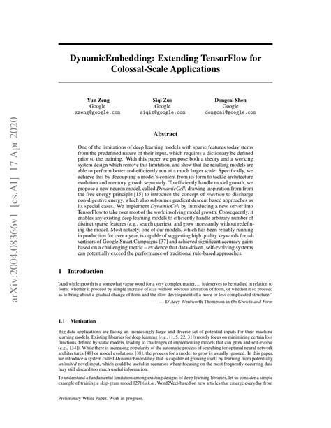 PDF DynamicEmbedding Extending TensorFlow For Colossal Scale Applications