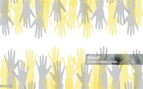 다른 피부색 다른 국적과 종교를 가진 사람들의 손 활동가 페미니스트 및 기타 공동체는 평등을 위해 싸운다 복사 공간이있는 흰색 가로 배경 벡터 개념에 대한 스톡 벡터 아트
