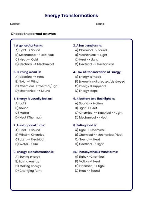Energy Transformations Science Teks 68b Worksheet Mcqs Blanks