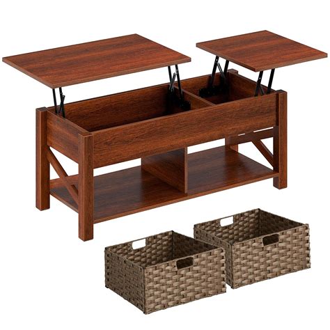 Rolanstar Lift Top Coffee Table With Storage And Rattan Baskets Rustic