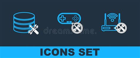 Set Line Router Wi Fi With Service Database Server And Gamepad Icon Vector Stock Illustration