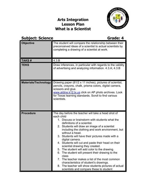Arts Integration Lesson Plan What Is A Scientist Subject Science