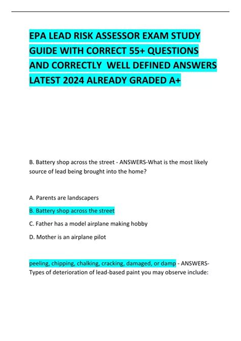 EPA LEAD RISK ASSESSOR EXAM STUDY GUIDE WITH CORRECT QUESTIONS AND CORRECTLY WELL DEFINED
