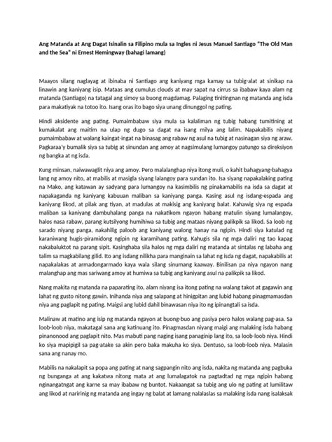 Ang Matanda At Ang Dagat Isinalin Sa Filipino Mula Sa Ingles Ni Jesus Manuel Santiago Pdf