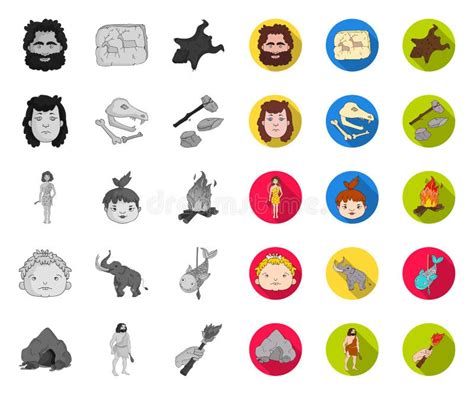Life In The Stone Age Mono Flat Icons In Set Collection For Design