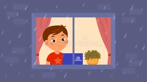 Niño Mirando La Lluvia Desde La Ventana Ilustración Del Vector