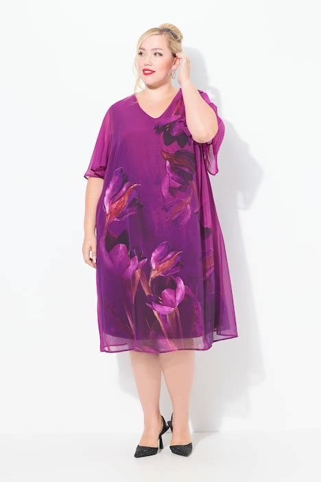 Short Sleeve V Neck Layered Floral Graphic Dress Aubergine Ulla Popken