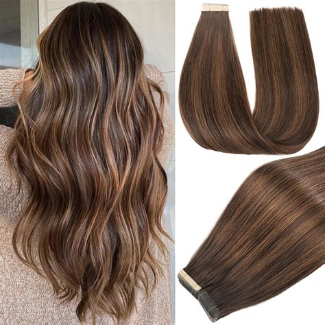 Human Hair Tape In Extensions Balayage Natural Black Mixed Chestnut