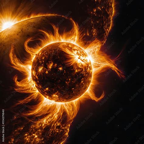 Solar Eclipse With Coronal Prominence And Solar Flares Over A Planetary