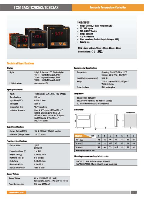 TC AX Datasheet Pages SELEC Economic Temperature Controller