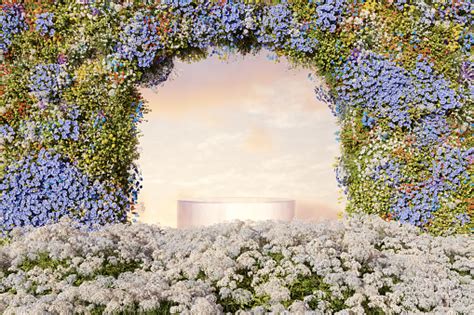 Abstact 3d 렌더링 봄 장면 및 자연 배경 흰 꽃에 분홍색 연단 배경 제품 디스플레이 광고 화장품 모형 등을 위한