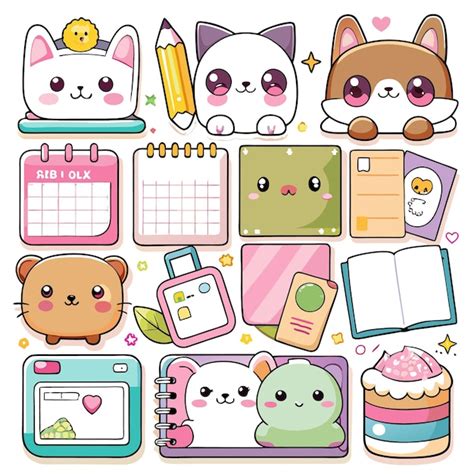 Cute Cartoon Characters And Stationery Items With Kawaii Style Premium Ai Generated Vector