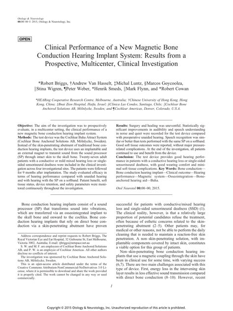 Pdf Clinical Performance Of A New Magnetic Bone Conduction Hearing Implant System