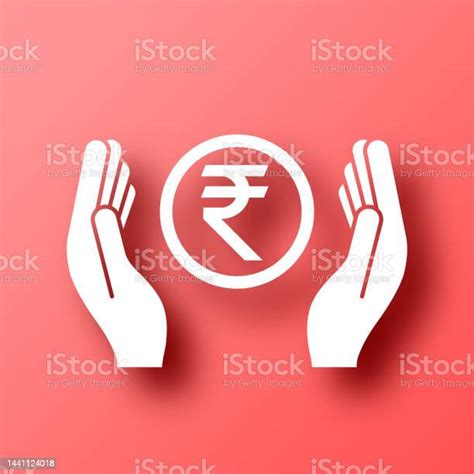 손 사이의 인도 루피 동전 그림자가 있는 빨간색 배경의 아이콘 3차원 형태에 대한 스톡 벡터 아트 및 기타 이미지 3차원