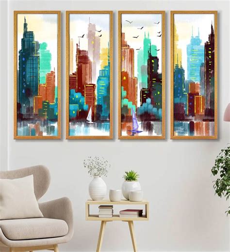 Buy Abstract Modern Multicolour Canvas Framed Abstract Art Panel Set Of