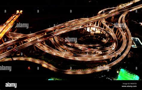 Aerial View Of Guiyangs Most Complicated Overpass Qianchun Overpass Illuminated By Lights