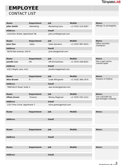 Employee Contact List Pdf
