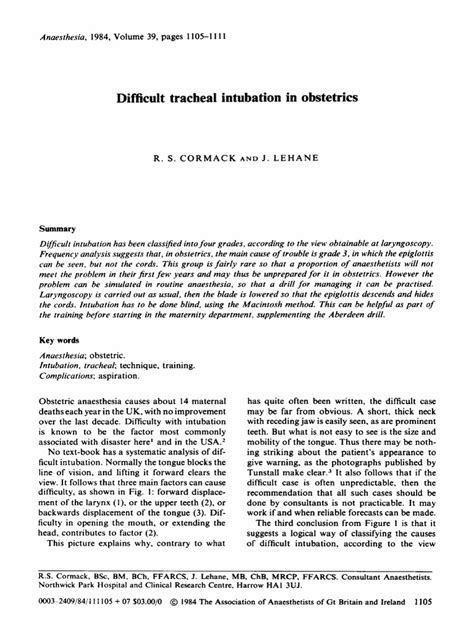 Cormack Lehane 1984 Difficult Tracheal Intubation In Obstetrics