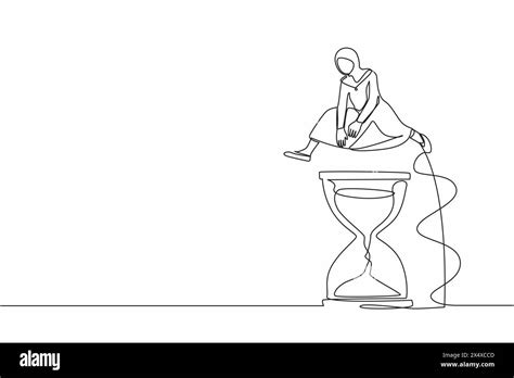 Single One Line Drawing Arabian Businesswoman Jump Over Hourglass Deadline Or Working Time