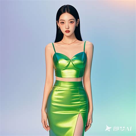 美女，精致五官，肤白貌美，绿色吊带裙，面部精细化，全身站姿形象照，露腰线，高光光影渐变，8k，时尚大片，丁达尔效应1