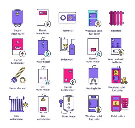 Heating Color Icons Set Boilers Radiators Thermostat Gas Electric Solid Fuel Pellet