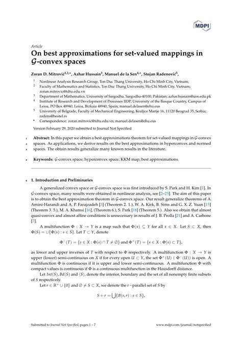 Pdf On Best Approximations For Set Valued Mappings In G Convex Spaces