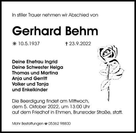 Traueranzeigen Von Gerhard Behm Trauer Anzeigen De