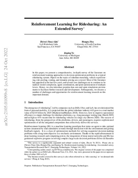 Pdf Reinforcement Learning For Ridesharing A Survey Jieping Ye
