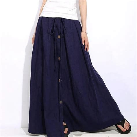 Fashion Casual Solid Color Ankle Length Skirts Women A Line Elastic Waist Button Flare Full