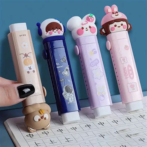 1pc Cute Cartoon Push Pull Design Eraser Pencil Eraser Replaceable Rubber Core Kawaii Stationery