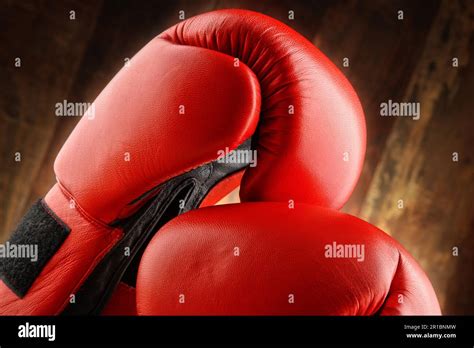 Pair Of Red Leather Boxing Gloves Stock Photo Alamy