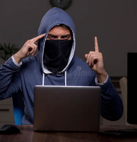 Male Hacker Hacking Security Firewall Late In Office Stock Image Image Of Password Computer