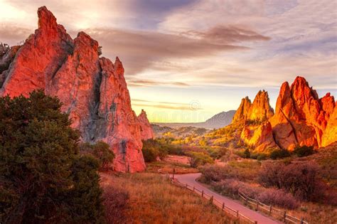 Sunrise Colors In The Garden Of The Gods Colorado Springs Stock Image