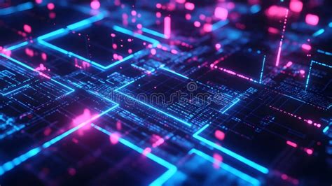 Abstract Futuristic Digital Landscape With Glowing Pink And Blue Lines Stock Illustration