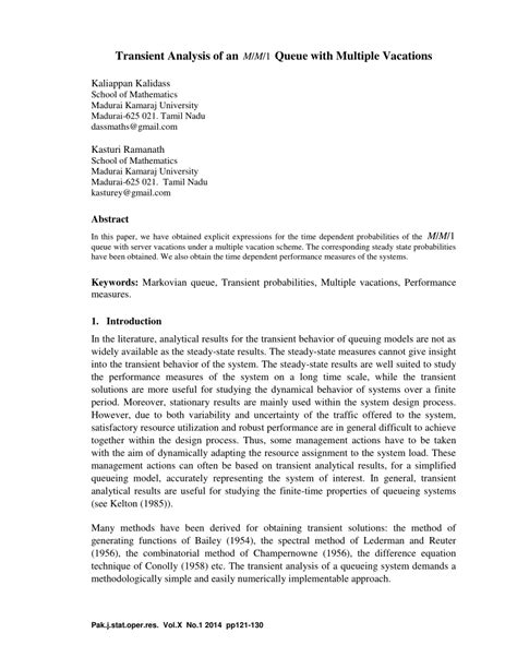 Pdf Transient Analysis Of An Mm1 Queue With Multiple Vacations
